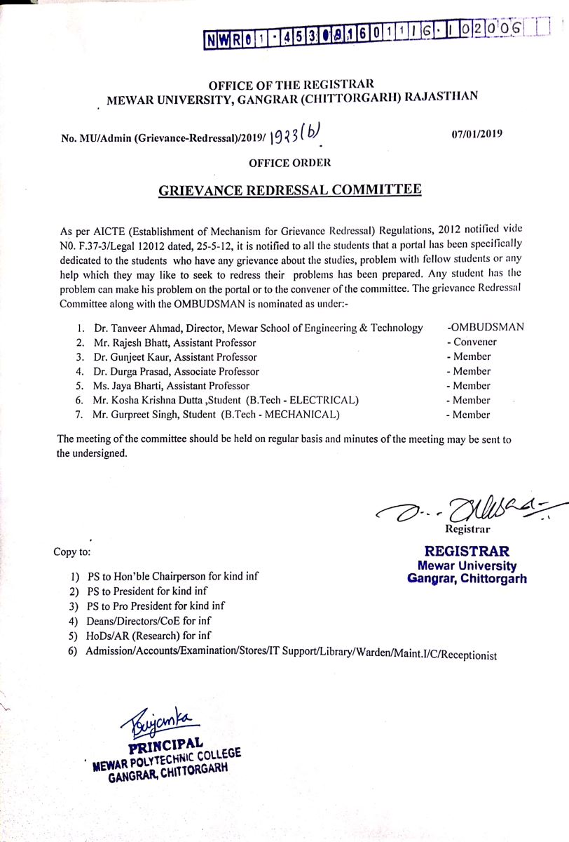 Mewar University : GRIEVANCE REDRESSAL COMMITTEE