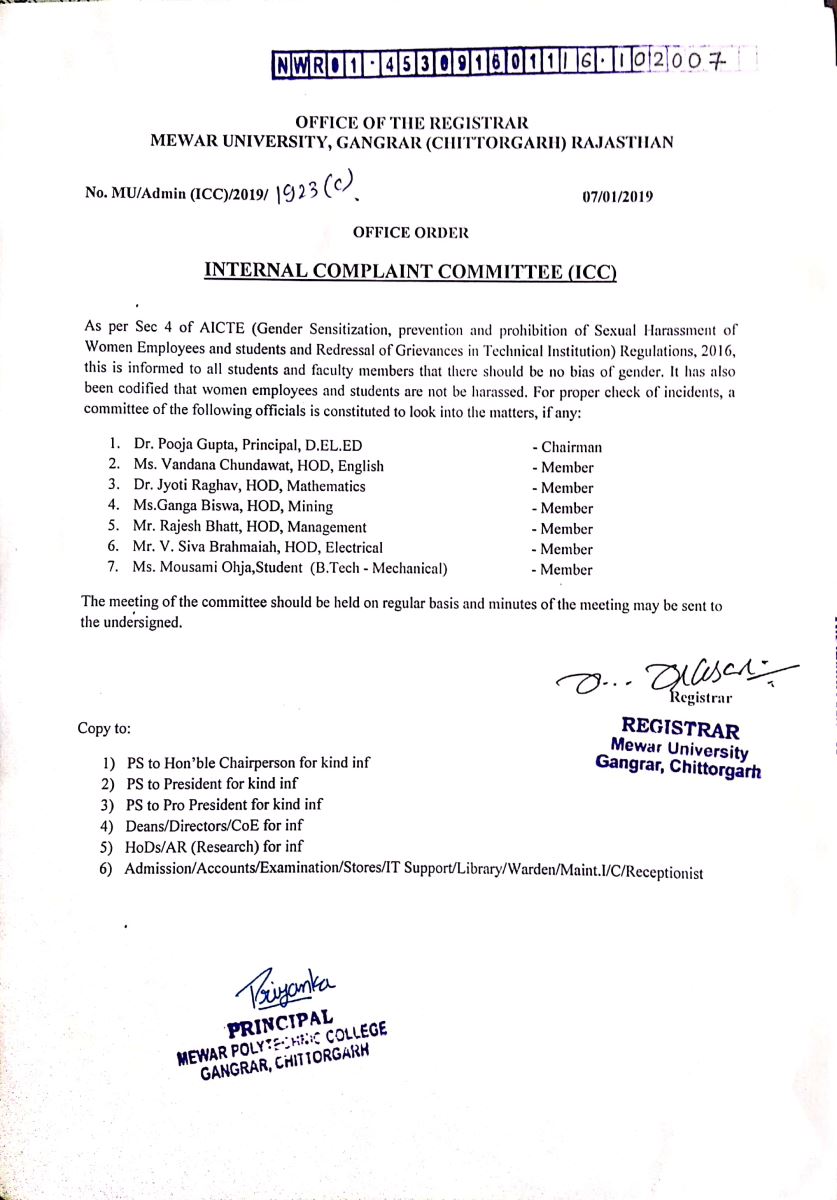 Mewar University : Internal Complaint Committee