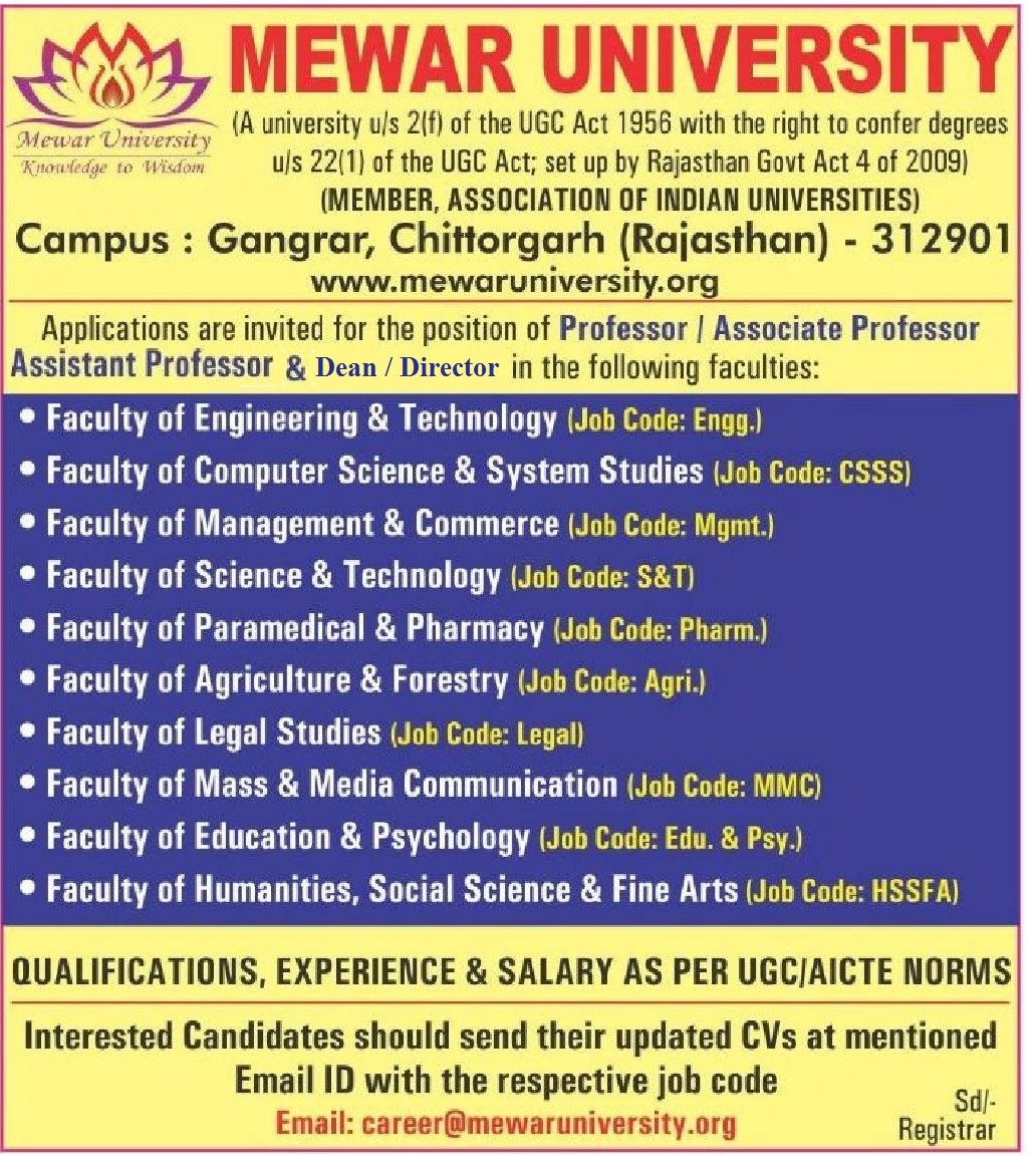 Mewar University : Advertisement of walk-in interview