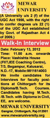 Mewar University : WALK-IN-INTERVIEW