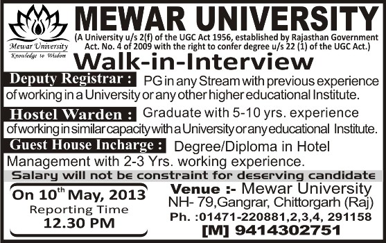 Mewar University : Walk-in interview