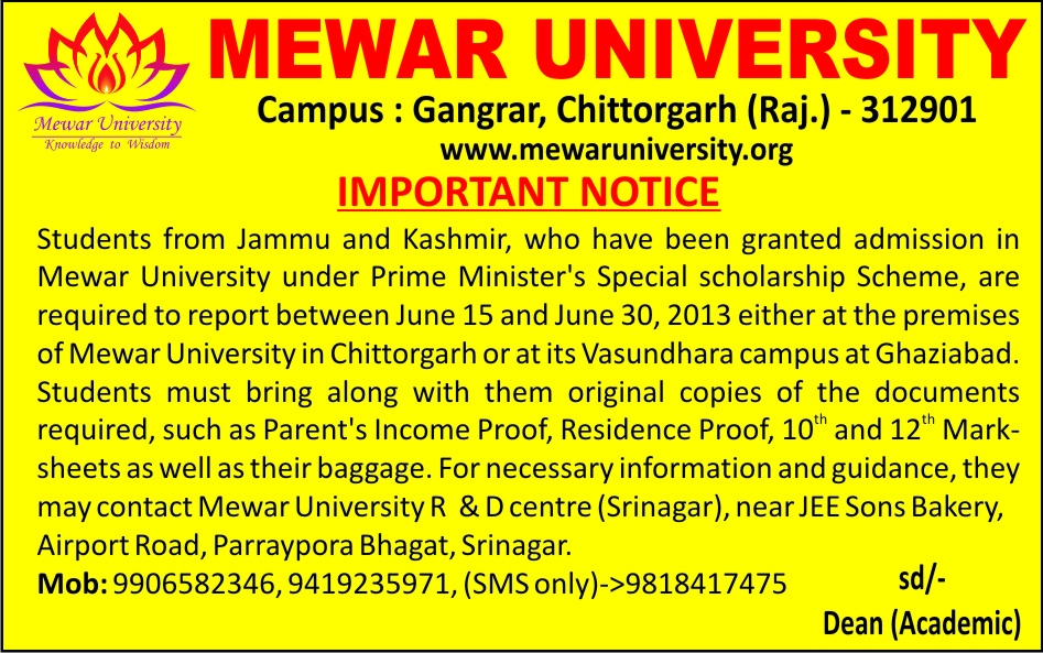 Mewar University : Advertisement for J & K Students