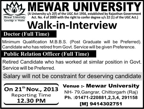 Mewar University : Advertisement of walk-in interview